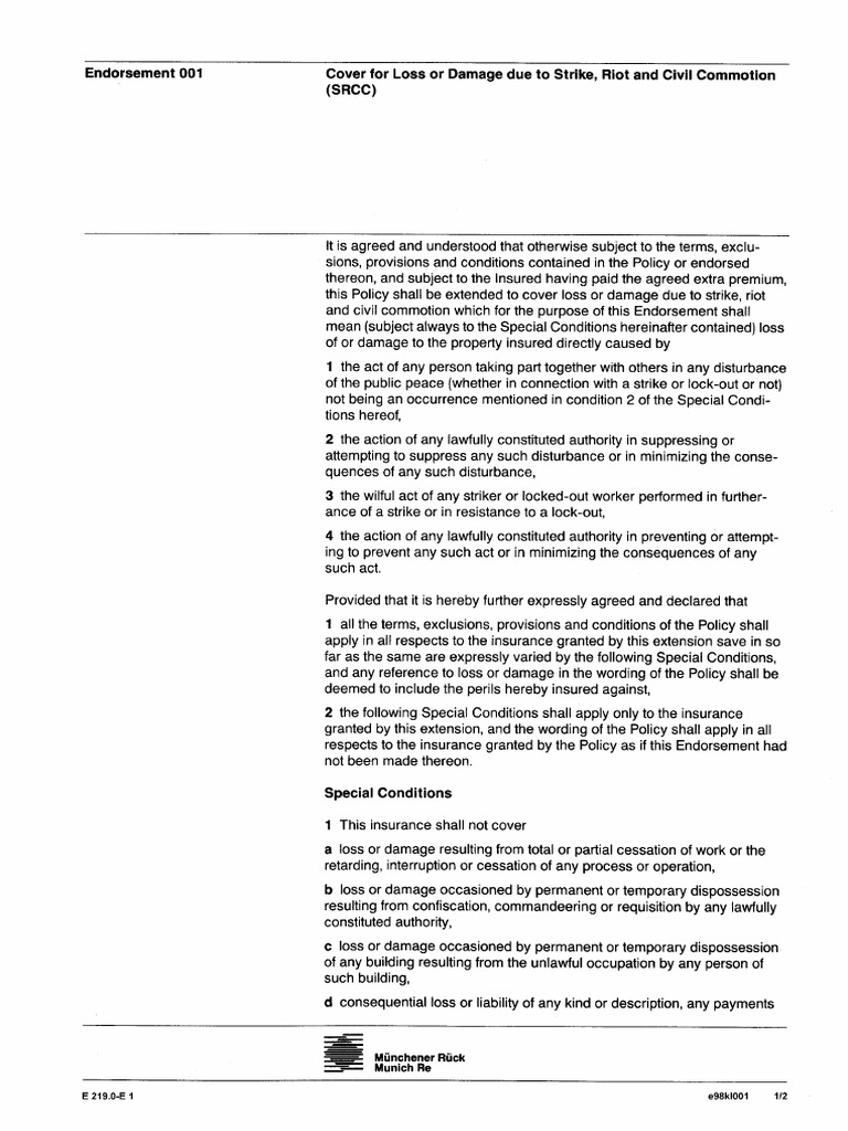 001 Strike Riot and Civil Commotion SRCC | PDF | Insurance | Indemnity