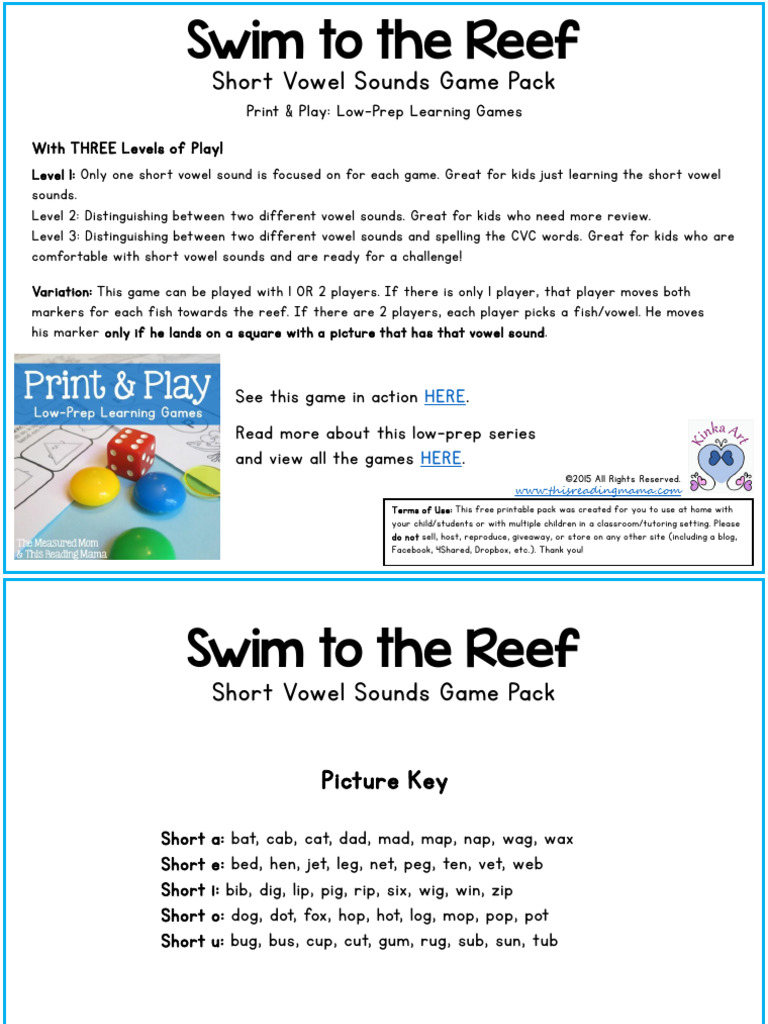 Swim To The Reef Short Vowel Game | PDF | Word | Vowel