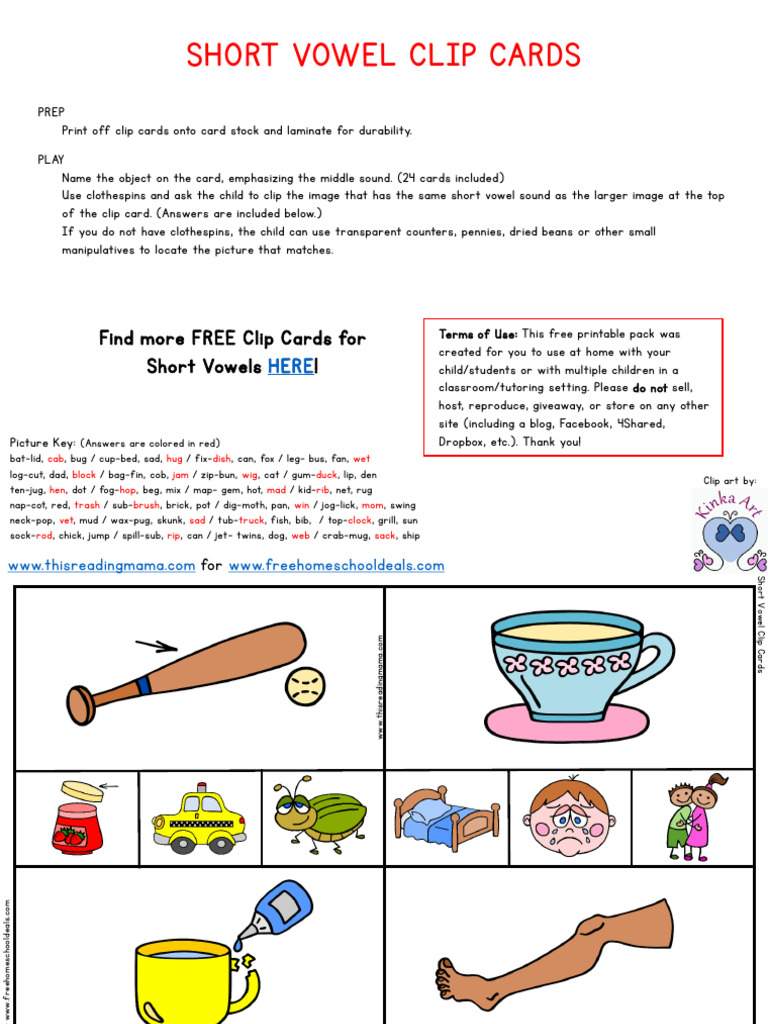 Short Vowel Clip Cards for Kids | PDF