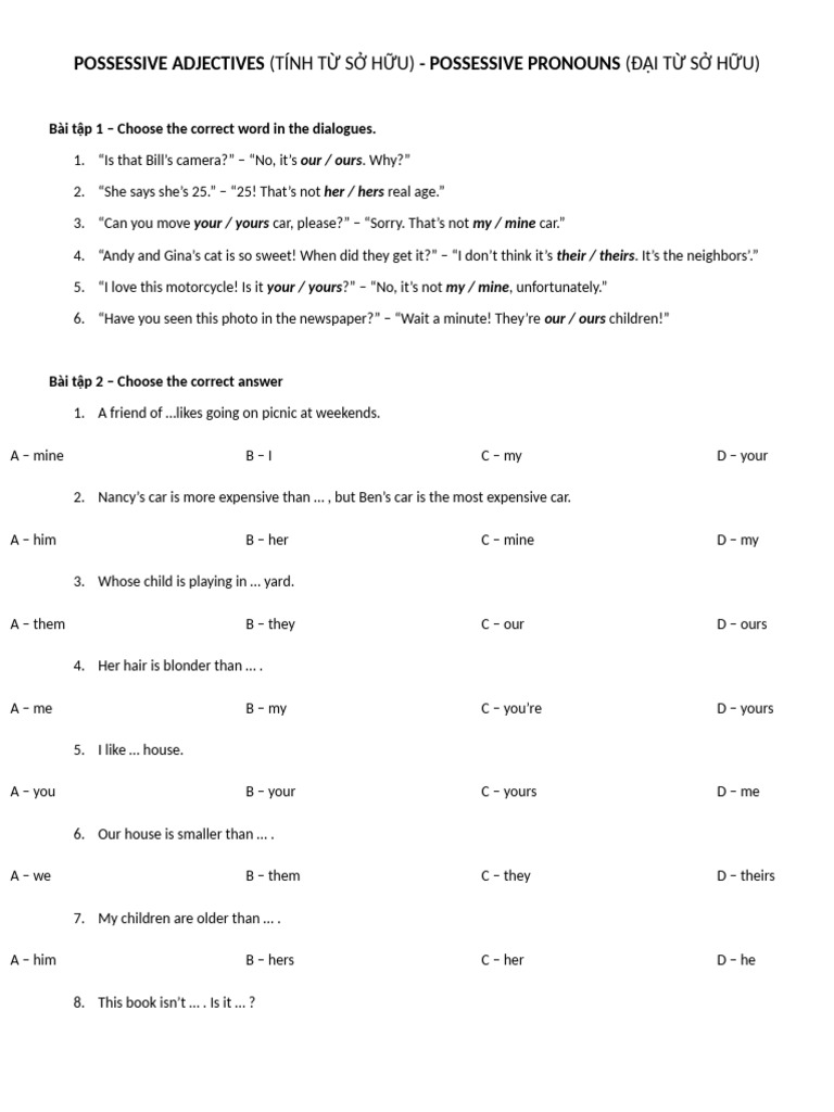 Possessive Adjectives & Possessive Pronoun | PDF | Language Mechanics ...