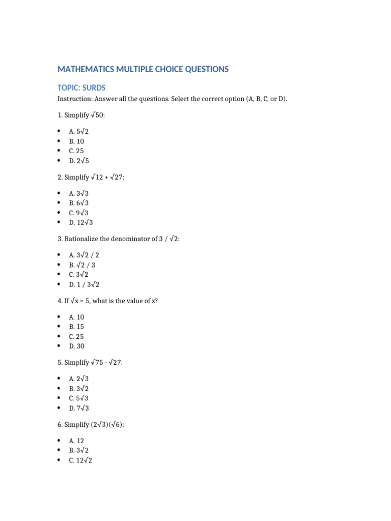 Surds Multiple Choice Questions Pdf