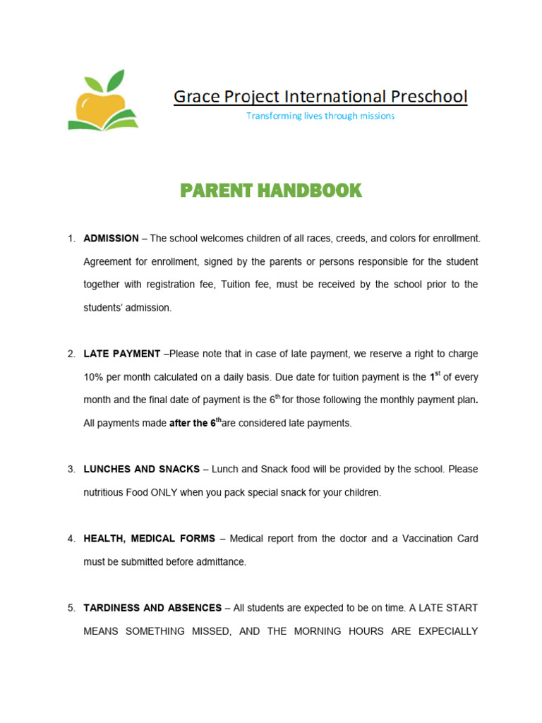 Grace-Project-Intl-Preschool-PARENT-HANDBOOK | PDF | Disciplines | Teachers