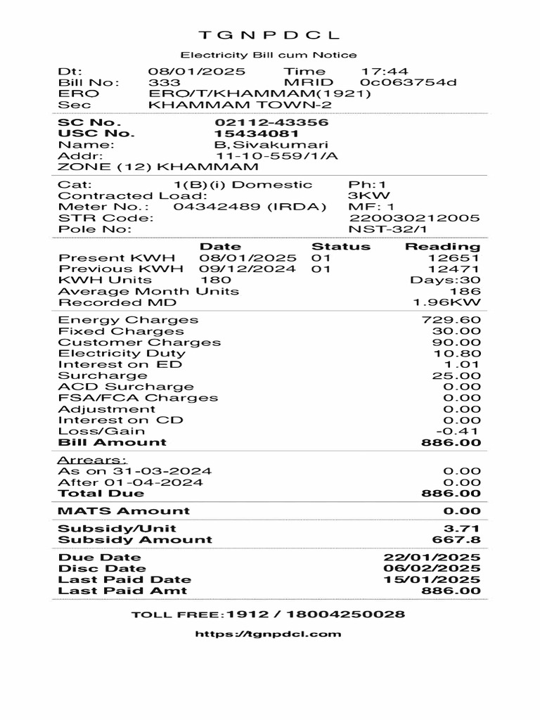 TGNPDCL Electricity Bill Notice | PDF