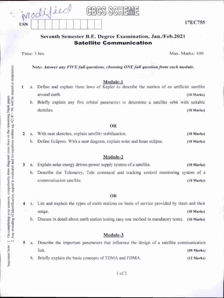 VTU exam Question Paper with Solution of 17EC755 Satellite ...