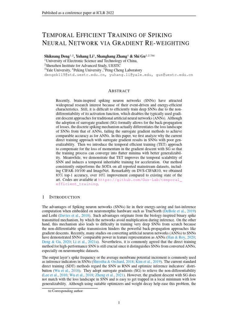 Deng Et Al. - 2021 - TET Temporal Efficient Training of Spiking | PDF | Artificial Neural ...