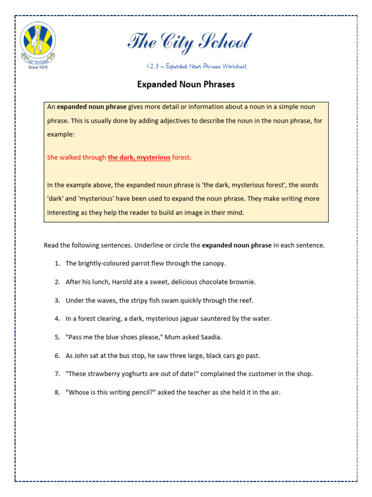 Expanded Noun Phrases Worksheet | PDF