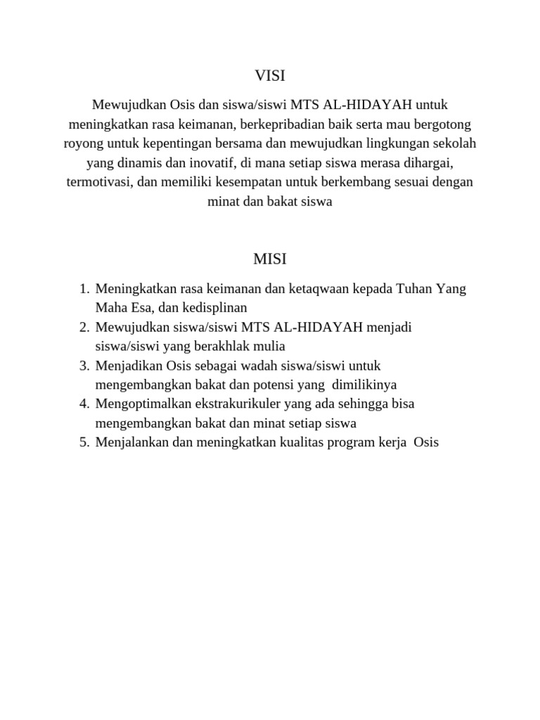 Visi Dan Misi Osis Mts Al Hidayah | PDF