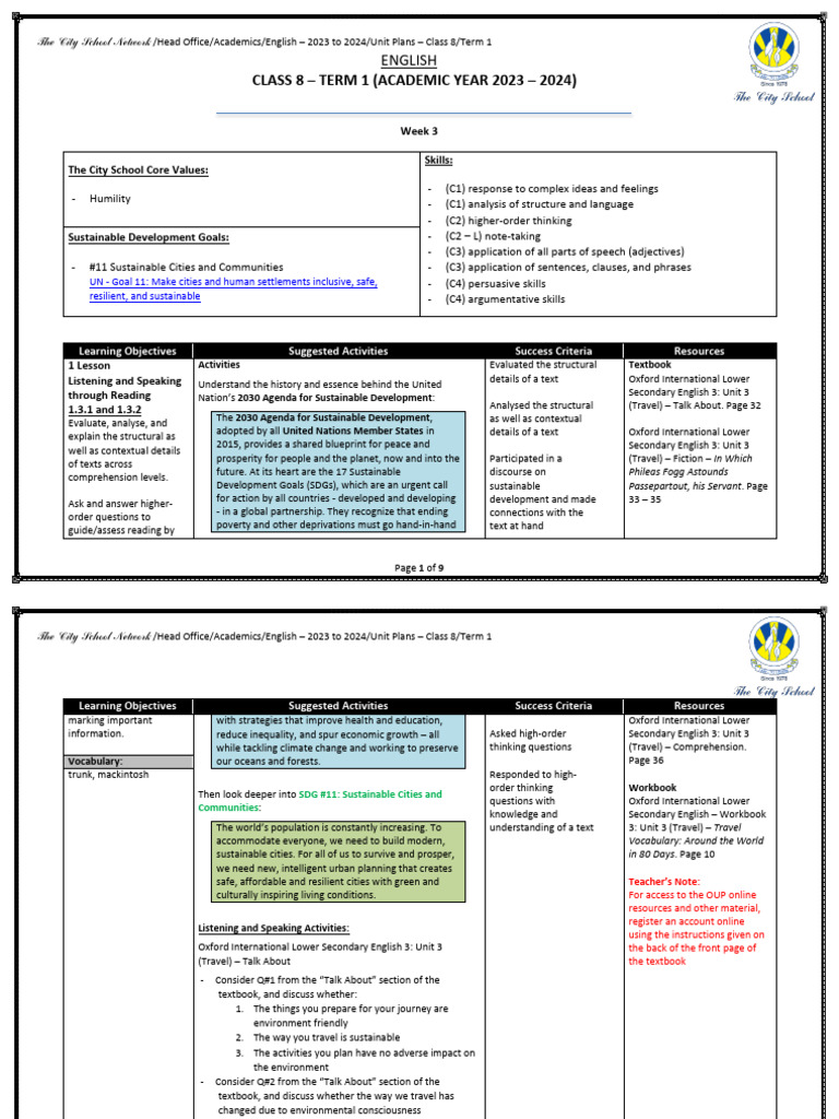 Class 8 - Unit Plan (Week 3) | PDF | Adjective | Verb