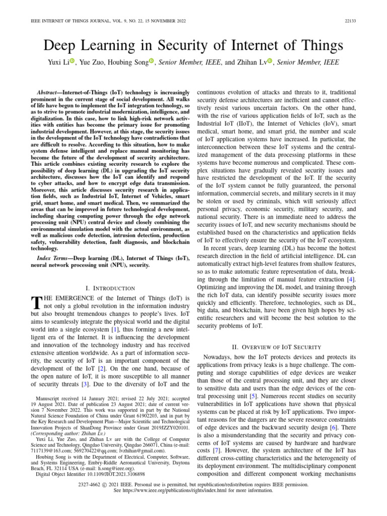 Deep Learning in Security of Internet of Things | PDF | Internet Of ...