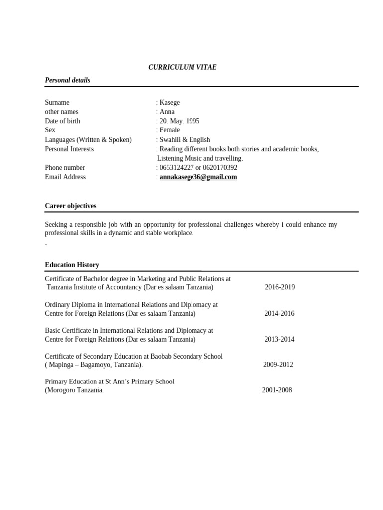 Anna’s Cv | PDF | Tanzania
