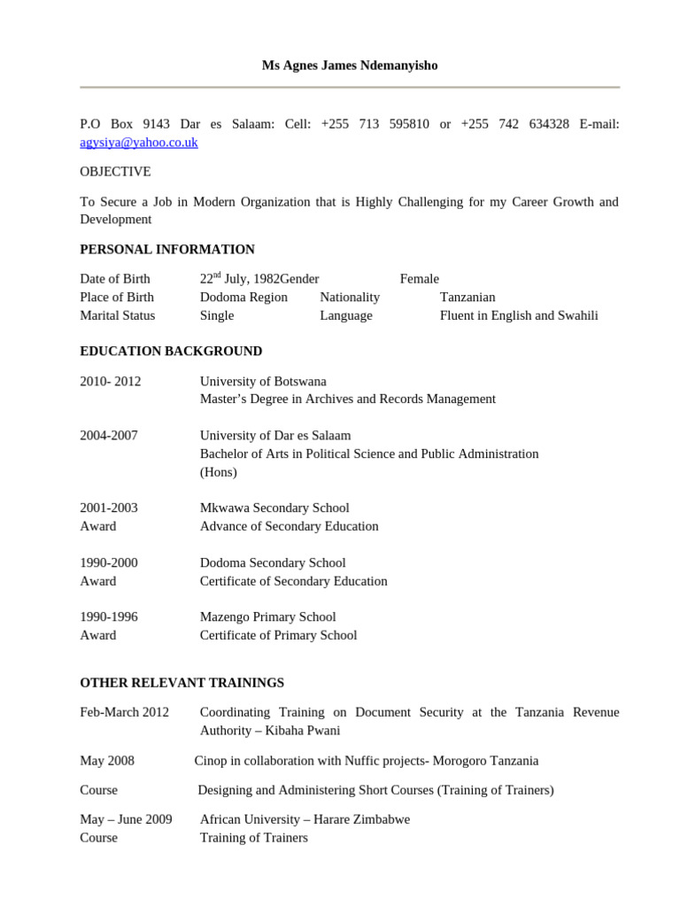 Agnes Modified Current CV 2019 | PDF | Tanzania