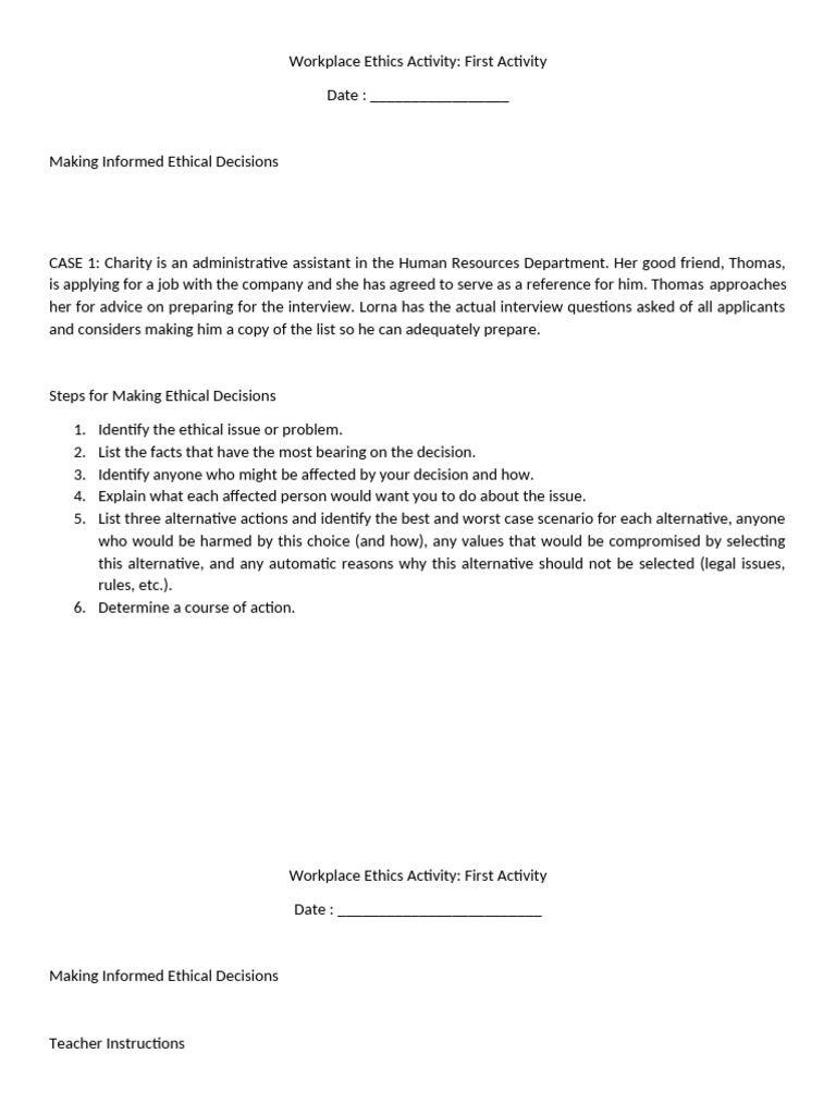 Ethics Activity | PDF | Employment | Reason