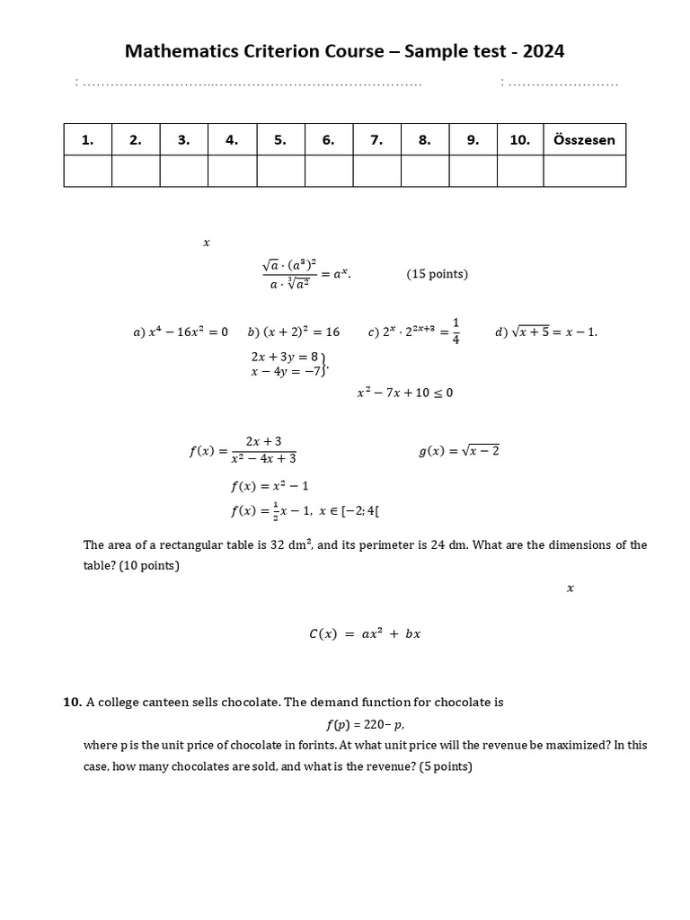 Sample test - 2024 | PDF | Function (Mathematics) | Equations