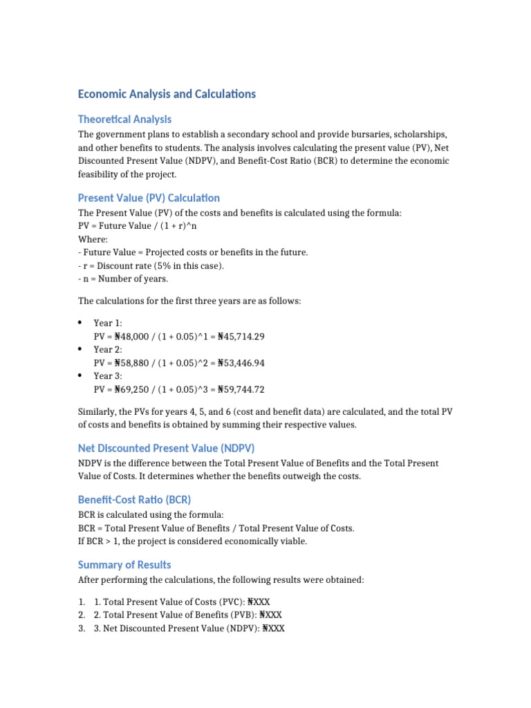 Economic Analysis and Calculations | PDF