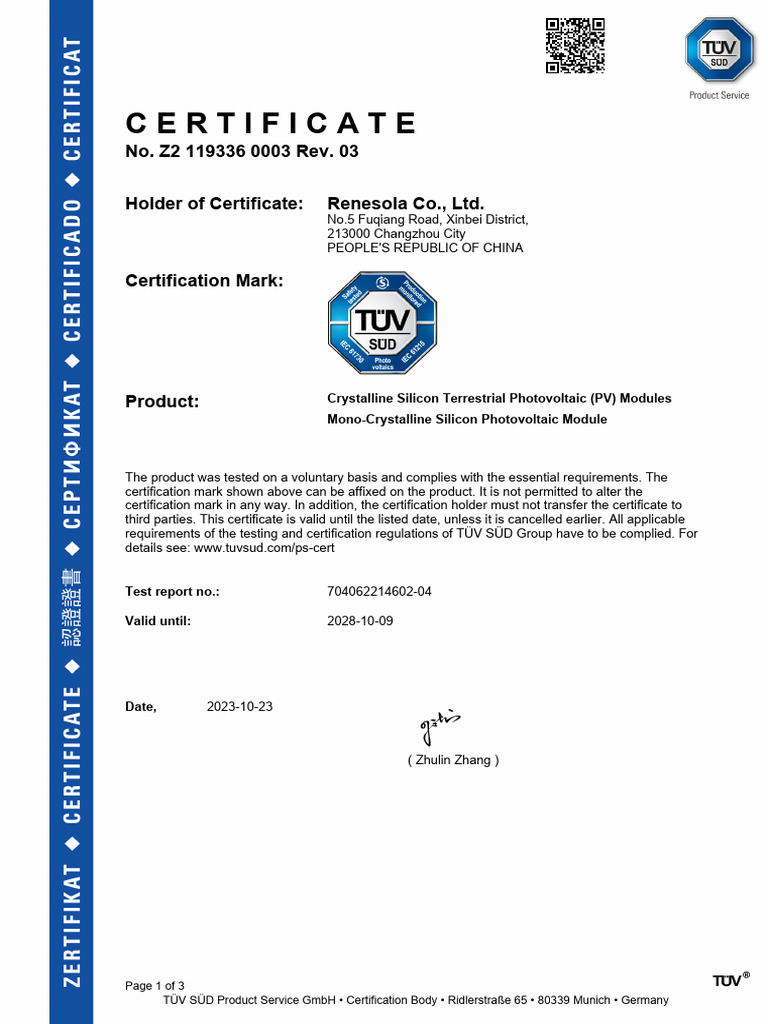 Certificado Renesola 560w | PDF | Electricity | Electrical Engineering