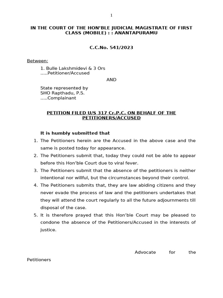 Accused Absence Petition Under Cr.P.C. 317 | PDF