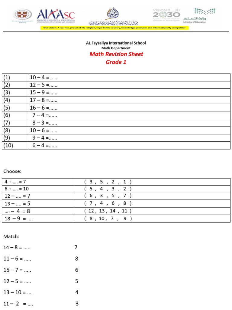 MATH Revision Sheet Grade 1 | PDF