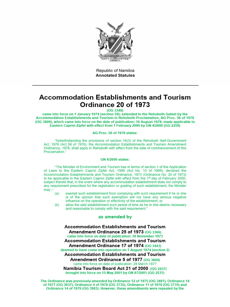 Accommodation Establishments and Tourism Ordinance 20 of 1973 | PDF ...