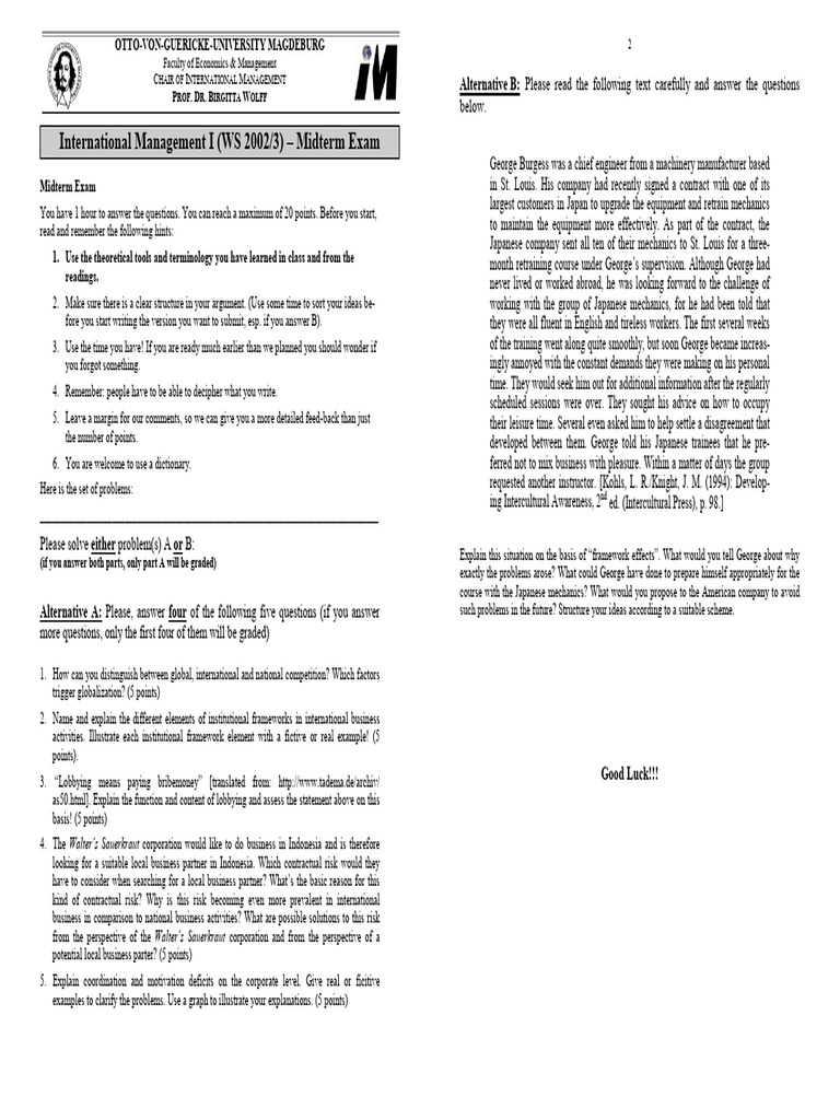 International Management 2001 WS Wolff Midterm | PDF