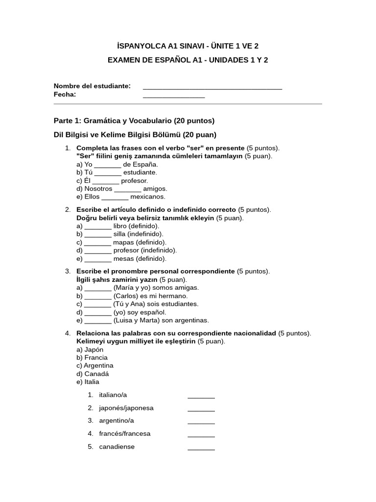 Examen de Español A1: Unidades 1 y 2 | PDF | Lingüística | Idiomas