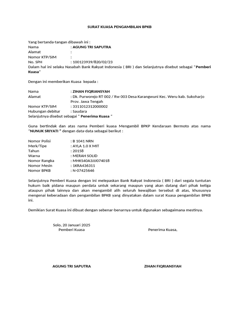 Surat Kuasa Pengambilan BPKB Bri | PDF