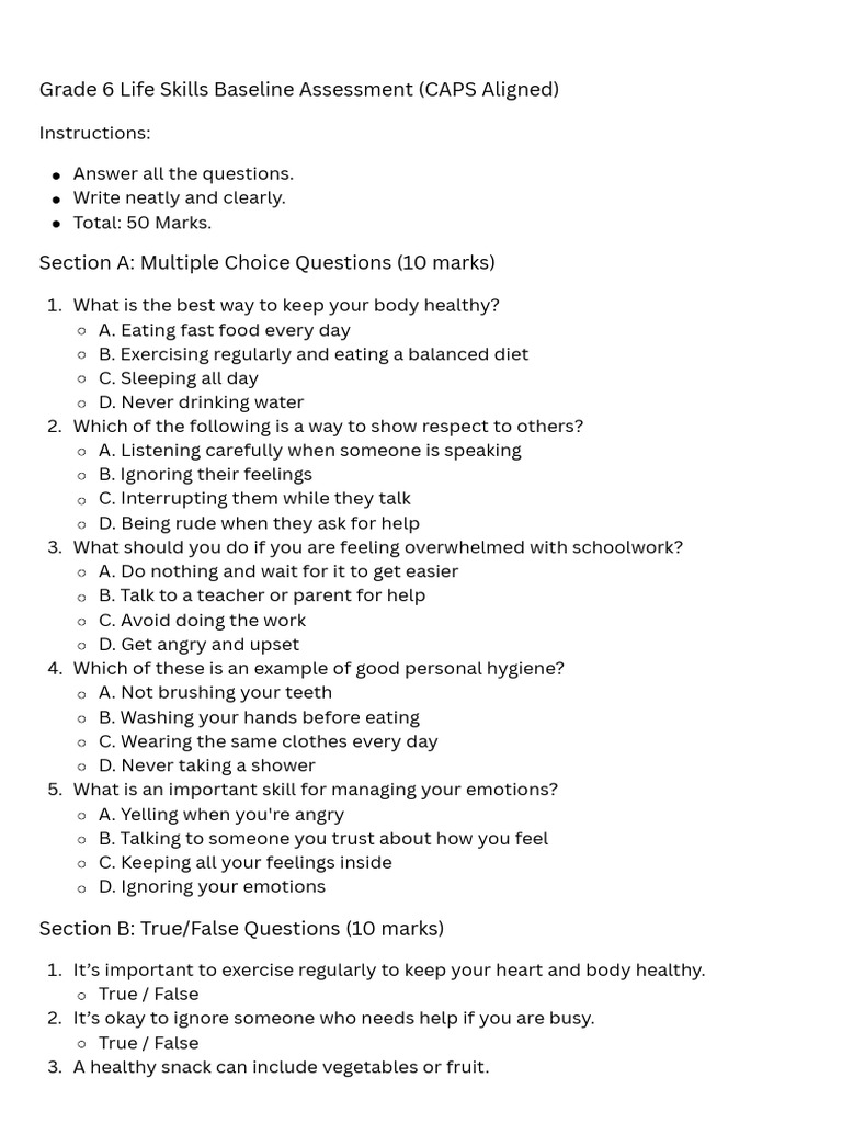 Grade 6 Life Skills Assessment Guide | PDF | Psychology