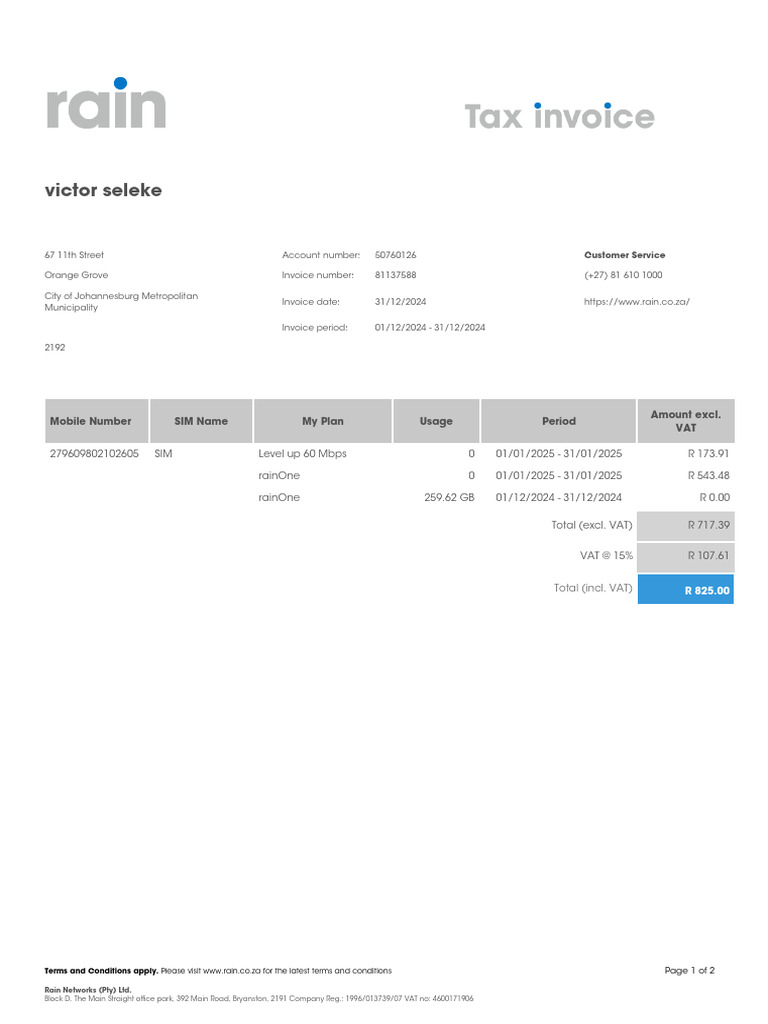 Rain Invoice Summary for Victor Seleke | PDF | Debits And Credits | Money