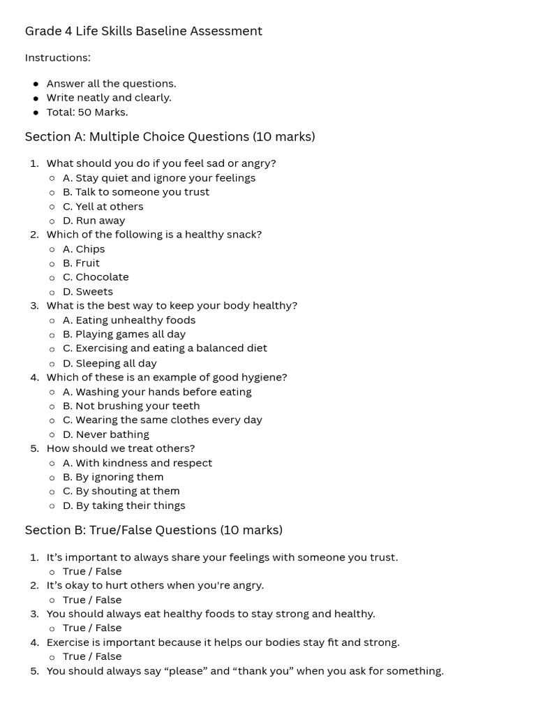 Grade 4 Life Skills Baseline Assessment | PDF