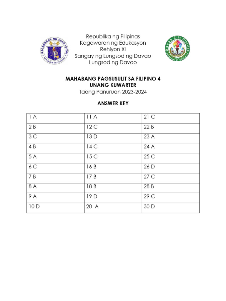 Answer Key - Q1 Filipino 4 | PDF