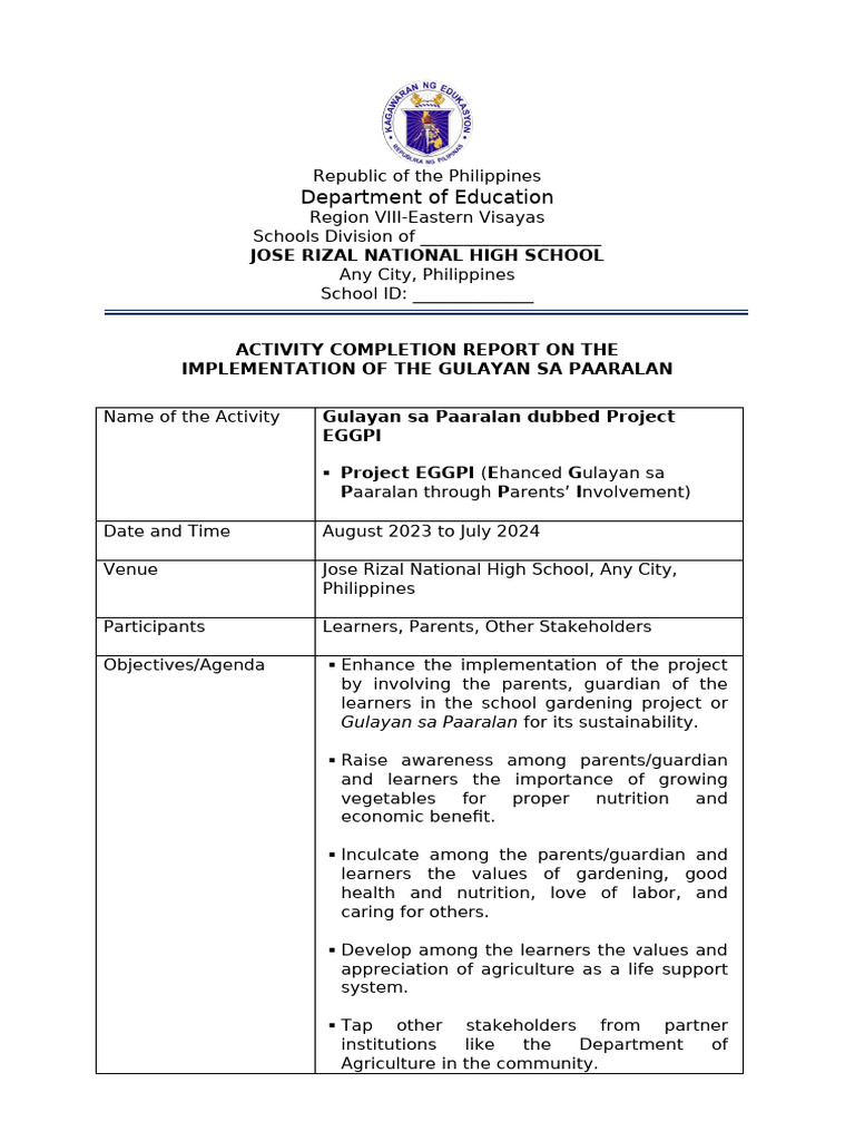 Sample ACR For Gulayan Sa Paaralan | PDF | Agriculture
