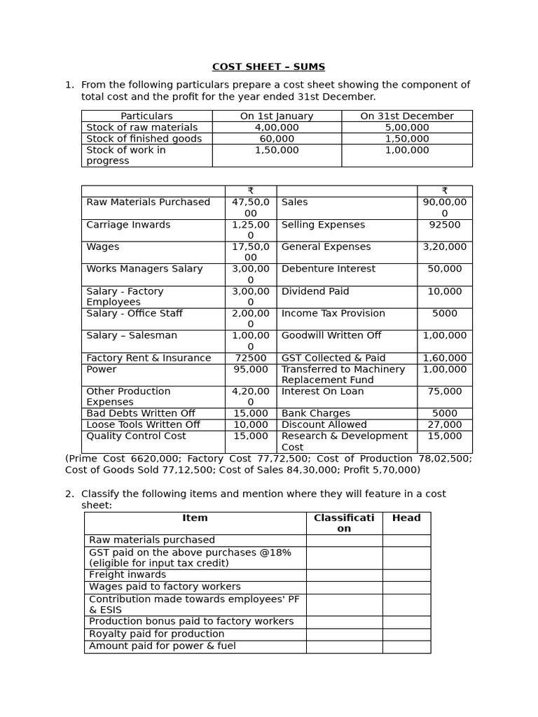 Cost Sheet Preparation and Analysis Guide | PDF | Cost Of Goods Sold | Cost