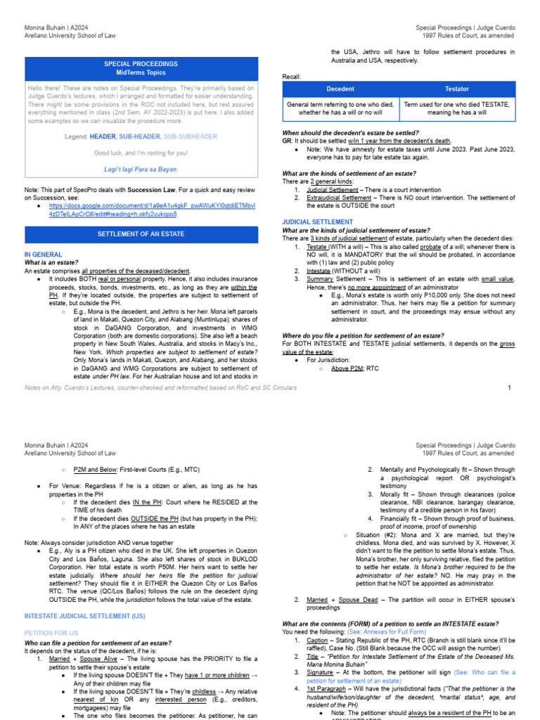 SpecPro Buhain Notes | PDF | Probate | Intestacy