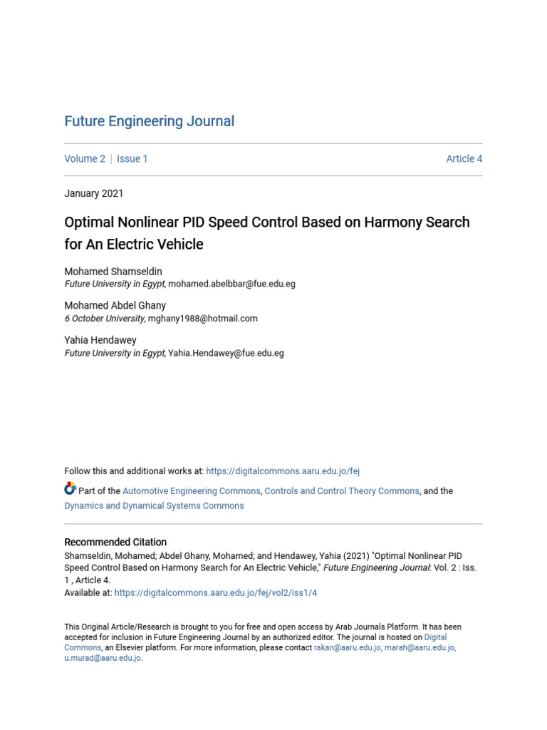 Optimal Nonlinear PID Speed Control Based On Harmony Search For An Electric Vehicle | PDF ...