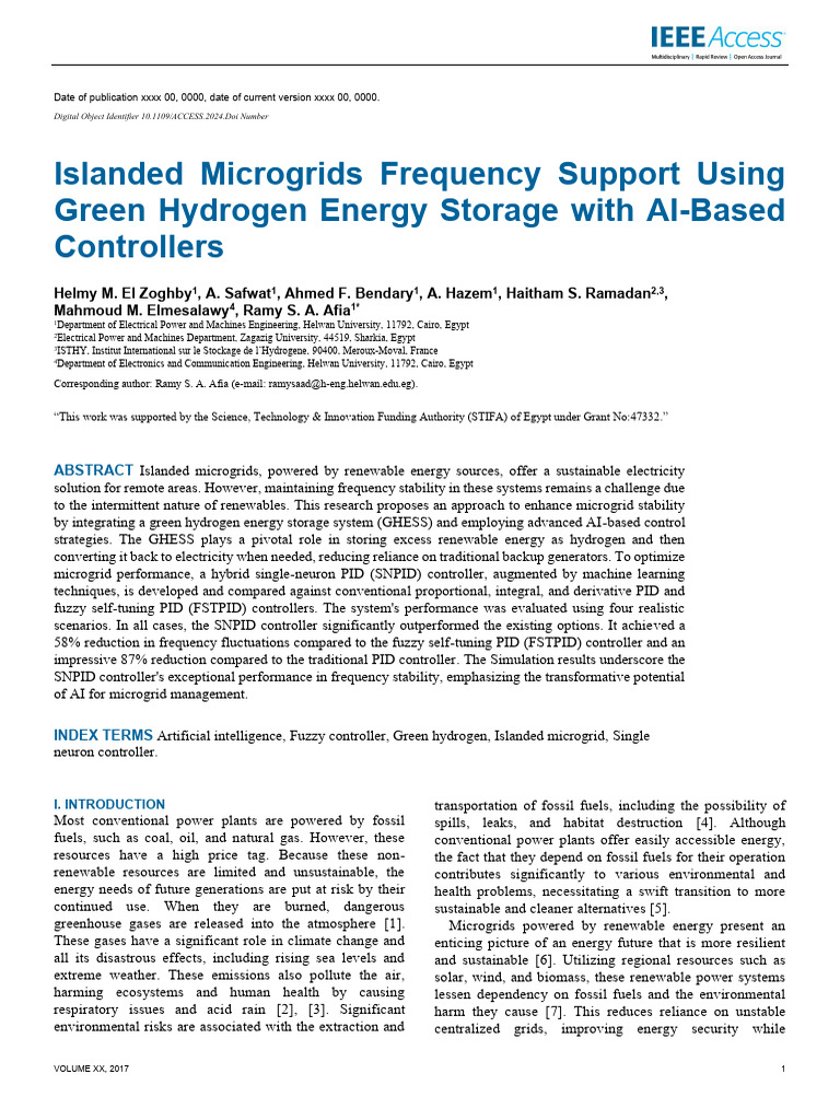 Islanded Microgrids Frequency Support Using Green Hydrogen Energy Storage With AI-Based ...
