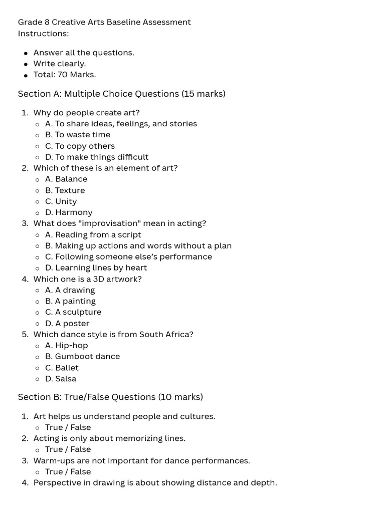 Grade 8 Creative Arts Baseline Assessment | PDF | The Arts | Dances