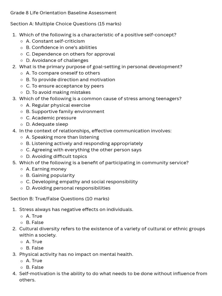 Grade 8 Life Orientation Baseline Assessment | PDF | Adolescence | Self ...