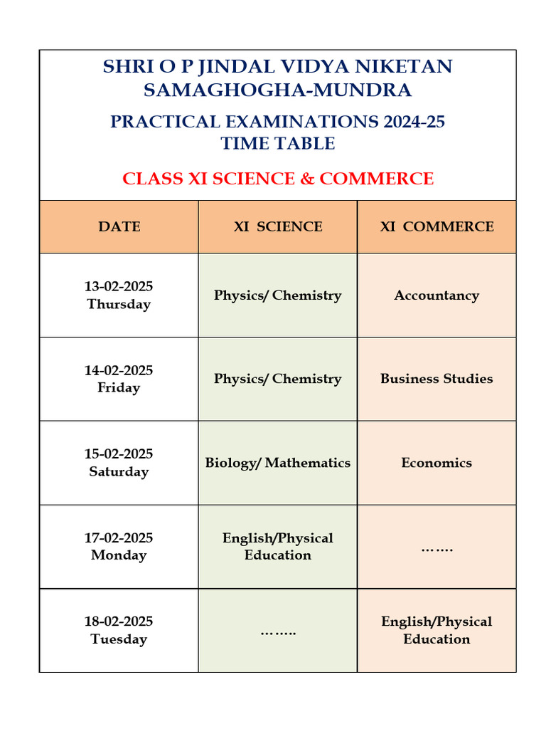 Class Xi Practical Exam Time Table | PDF