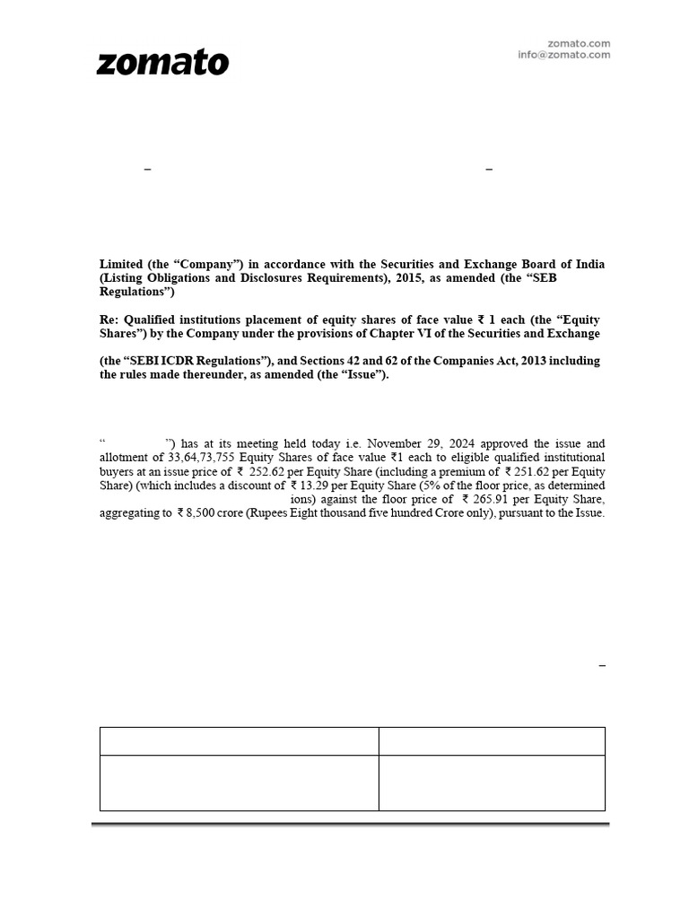 ZOMATO 29112024094323 Zomatointimationsigned | PDF | Securities ...
