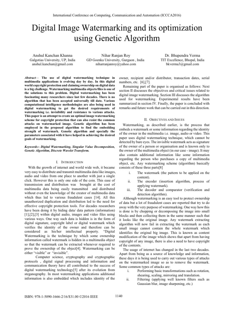 3.digital Image Watermarking and Its Optimization Using Genetic Algorithm | PDF | Data Compression