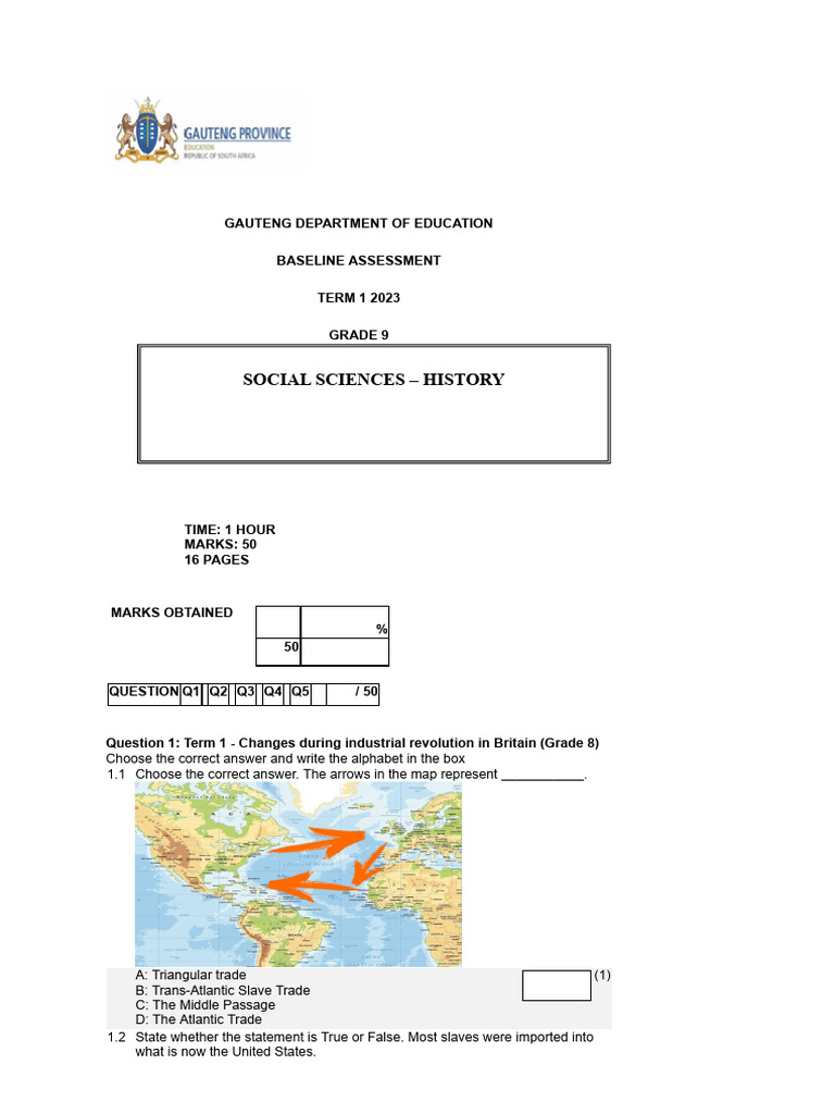 BASELINE - Grade 9 History QP | PDF | World War I | Treaty Of Versailles
