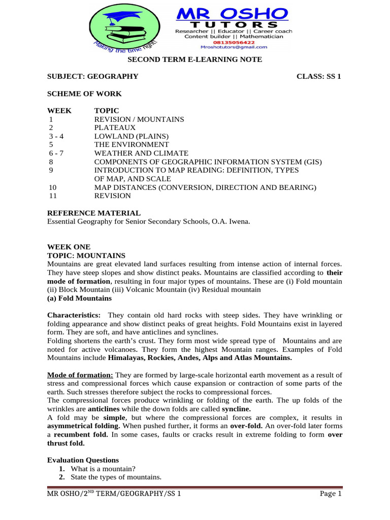 Second Term SS1 Geography e | PDF | Ecosystem | Mountains