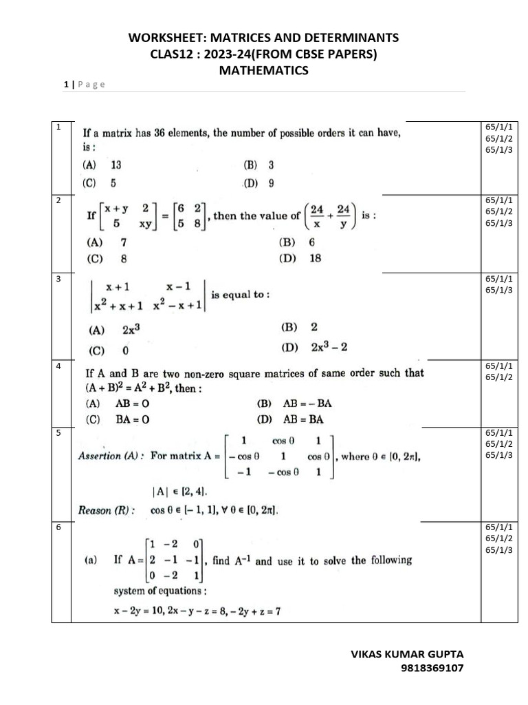 Matrices PYQ | PDF | Determinant | Student Assessment And Evaluation