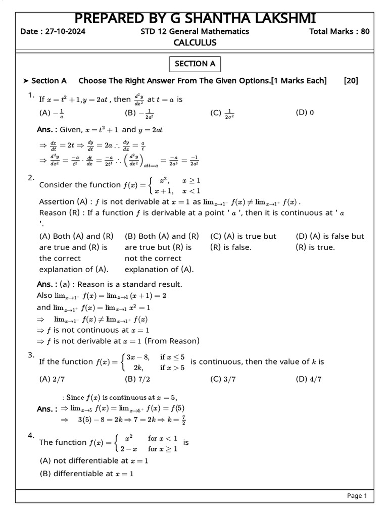 Calculus Sample Paper - Solution | PDF | Equations | Function (Mathematics)