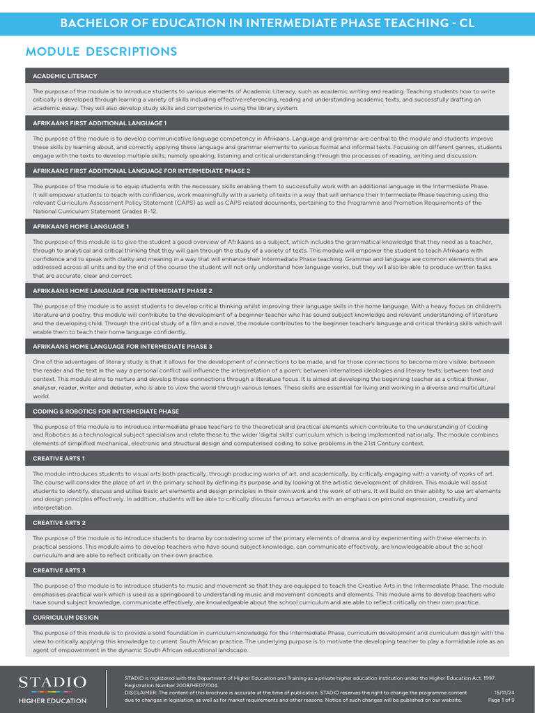 SOE - Bachelor of Education in Intermediate Phase Teaching Module Descriptions CL 2025 | PDF ...