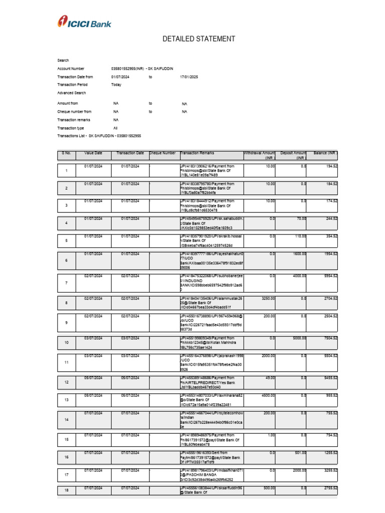 SK Saifuddin Transaction Statement 2024 | PDF | Banks | Payments