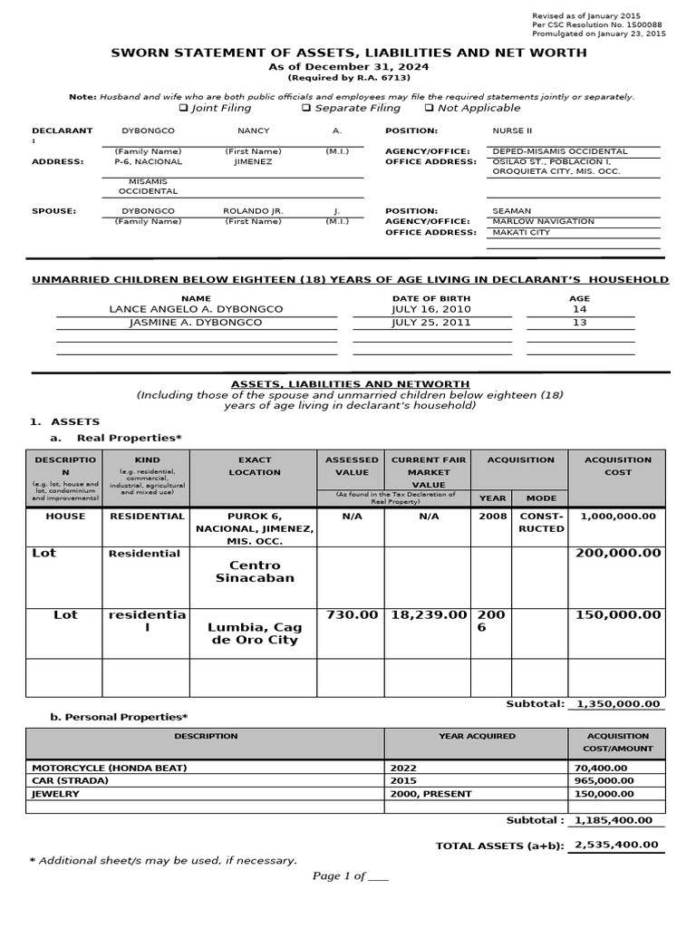 2015-SALN-Form-1 | PDF | Financial Accounting