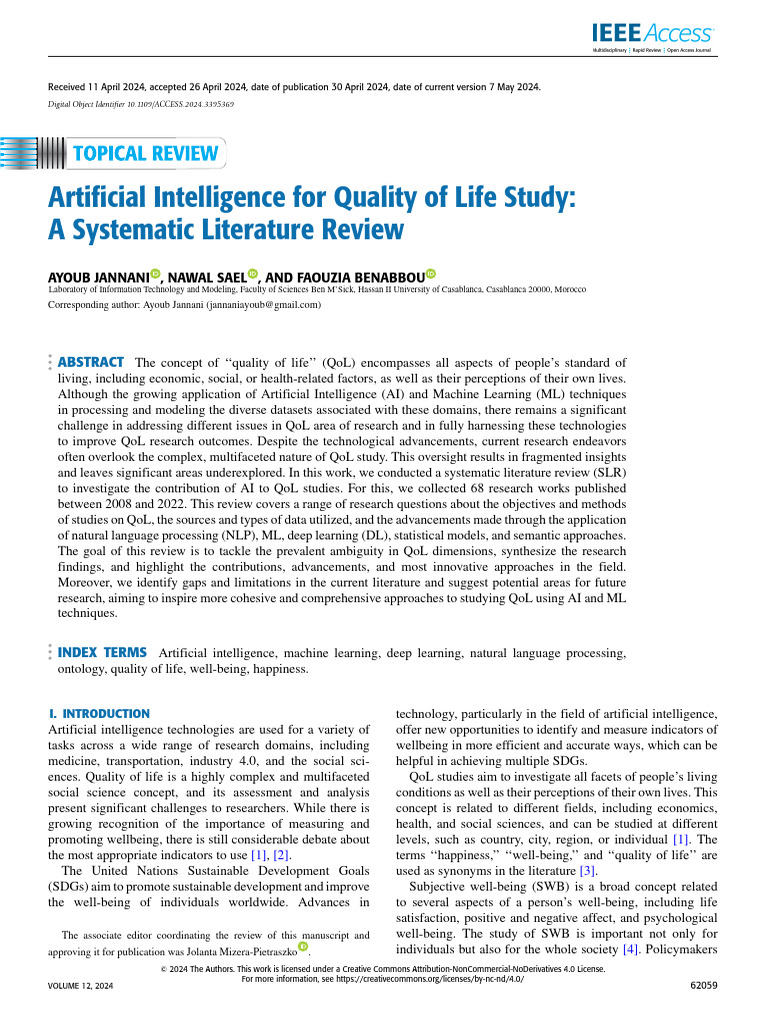 Artificial Intelligence For Quality of Life Study A Systematic ...