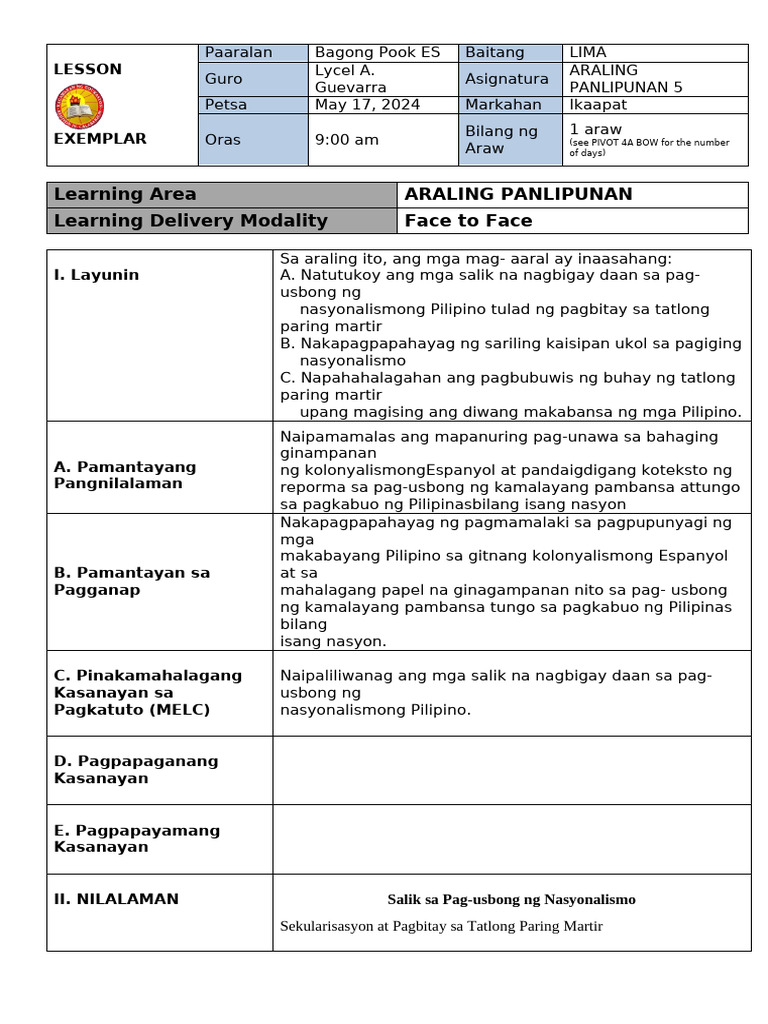 Learning Area Araling Panlipunan Learning Delivery Modality Face To Face | PDF