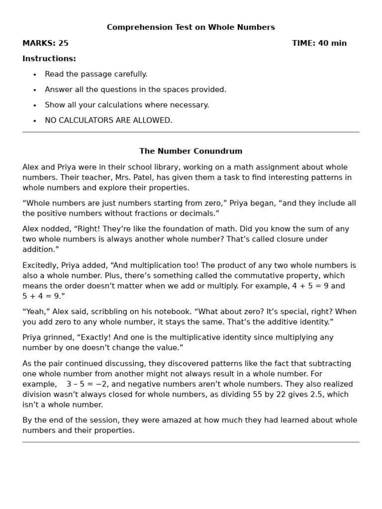 1. Comprehension Test on Whole Numbers | PDF | Numbers | Integer