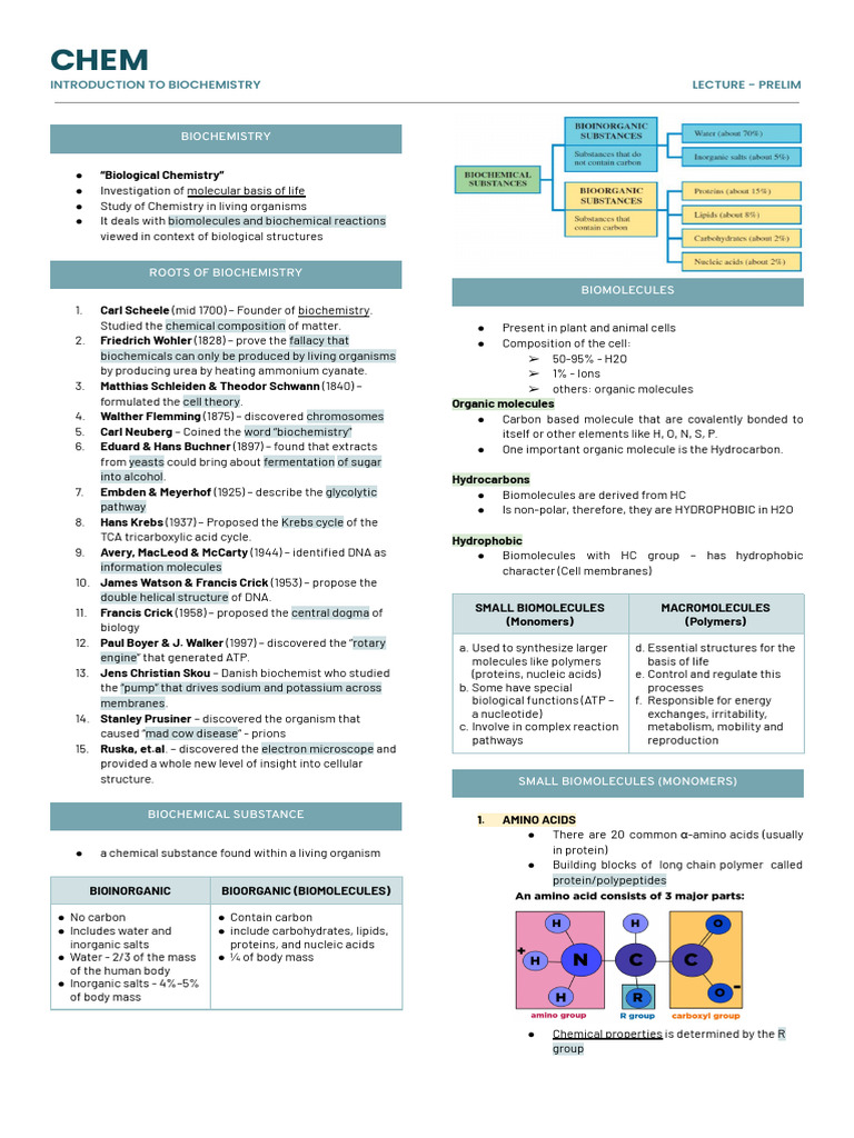 BIOCHEM LEC prelim | PDF | Cell (Biology) | Amino Acid